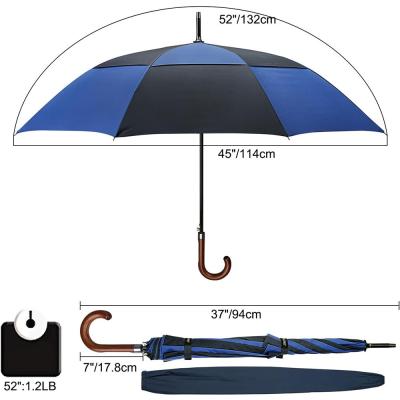 China 132cm Open Diameter Fiberglass Shaft Golf Umbrella with Wood Curved Handle Customized for sale