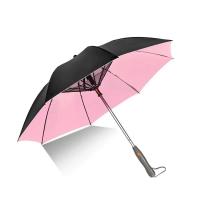 China Fiberglass Frame Auto Open USB Charge Fan Umbrella with Water Spray and UV Protection for sale