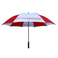 China 8 Ribs Fiberglass Windproof Red and White Golf Umbrella with Customized Logo Printing for sale