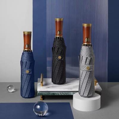 China Business Gift Auto Three Folding Umbrella with Solid Wood Handle and Fiberglass Ribs for sale