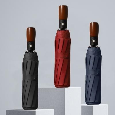 China 3 Folding Automatic Business Umbrella with Customized Logo Printed and Wooden Handle for sale