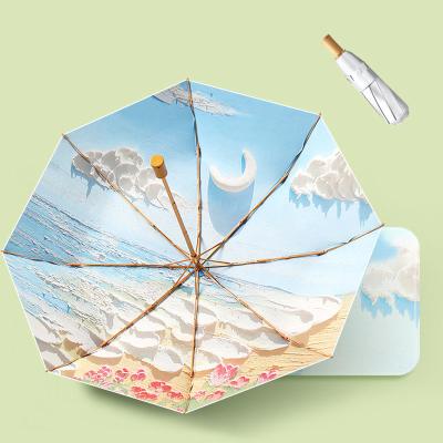 China Silver Oil Painting Sunblock Windproof Umbrella with Special Design and All in 1 Function for sale