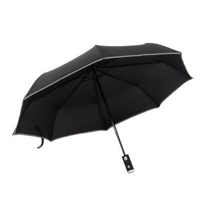 China Adults 3 Fold LED Flashlight Handle Umbrella with Reflective Strip and Windproof Cover for sale