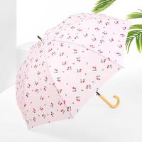 China Fresh Design Leaf Cherry Wooden Handle Straight Umbrella Automatic Open Waterproof Fashion Umbrella for sale