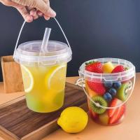 China Clear Plastic Cups 24 oz Ice Cream Buckets with Lids & Straws Drink Cups Cocktail Pails Bulk with Handles for sale
