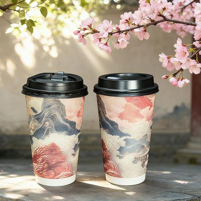 China Custom Design Floral Pattern White Paper Cup Takeaway Hot Drinks Double Wall Paper Cups Used for Tea Coffee for sale
