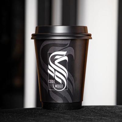 China Hot Stamping Embossing Black Double Wall Craft Paper Coffee Cup with Lid for sale