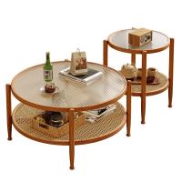 China Rattan Glass Tea Table Japanese Style Double Glass Coffee Table for sale