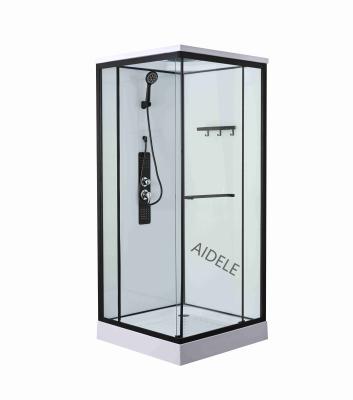 China Prefabricated Tempered Glass Shower Room 80x80x220cm Black Aluminum Frame Folding Door for sale