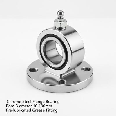 China Chrome Steel Flange Bearing Bore Diameter 10mm to 100mm Pre-lubricated and Featuring Grease Fitting for Heavy Machinery for sale