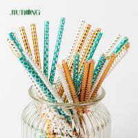 China LFGB Disposable Paper Straw White Blue Striped Food Grade 200mm Party for sale