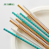 China LFGB Disposable Paper Straw White Blue Striped Food Grade 200mm Party for sale