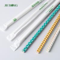 China LFGB Disposable Paper Straw White Blue Striped Food Grade 200mm Party for sale