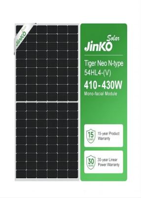 China Jinko Tiger Neo N-Type 410W-430W Solar Panel Monofacial 54HL4-(V) with 2400Pa Wind Load for sale