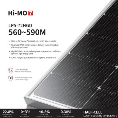 China Longi Hi-MO 7 Bifacial Solar Panel 560W-590W PERC TOPCON Module with 80% Bifacial Ratio and -0.28%/℃ Temperature Coefficient for sale