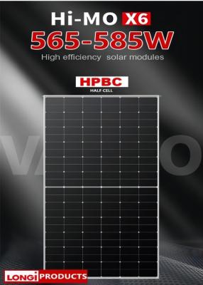 China Longi Hi-Mo X6 HPBC Solar Panels 565W-585W with 25.5%+ Efficiency and 1500V DC System Voltage for sale