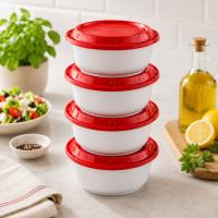China 1200ml Wide White PP Disposable Soup Bowls Red Secure Lids for Meal Prep for sale