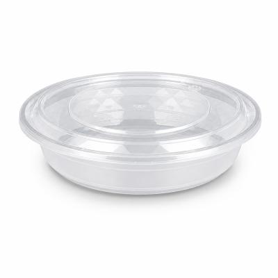 China Clear Fitted Lid Disposable Food Bowls 1100ml Shallow Round PP Meal Tray for sale