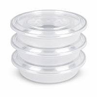 China Clear Fitted Lid Disposable Food Bowls 1100ml Shallow Round PP Meal Tray for sale