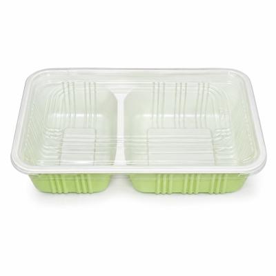 China Meal Prep Multi Compartment Trays Two Section Green PP Food Container with Clear Lid for sale