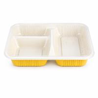 China Clear Lid Multi Compartment Trays Three Section Yellow PP Food Container for Catering for sale