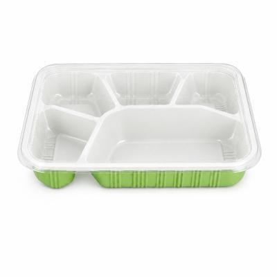 China Meal Multi Compartment Trays Green Five Compartment PP Bento Box with Clear Lid for sale