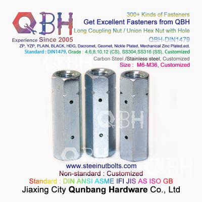 China QBH DIN1479 Zinc BLACK M6-M36 Carbon Steel Long Perforated Hex Coupling Nuts With Hole for sale
