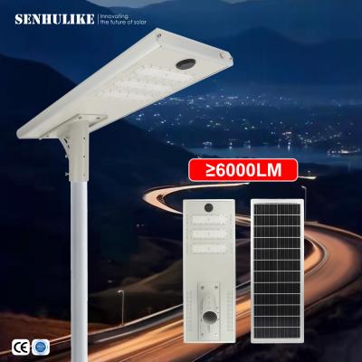 China 150W Solar Street Light for Highway Roadway Parking Lot All-in-One 3 Modules White Aluminum Alloy with Microwave Sensor for sale