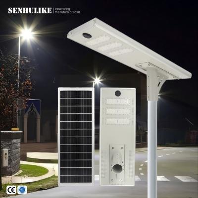China 150W 3 Modules All-in-One Solar Street Light White Aluminum Alloy with Microwave Sensor LED Outdoor Lamp for sale