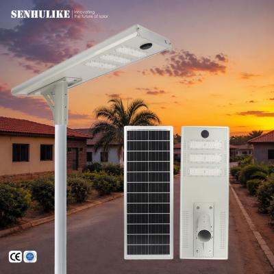 China Solar Powered All-in-One Street Light 150W 3 Modules White Aluminum Alloy Microwave Sensor LED Lamp for Driveway Pathway for sale
