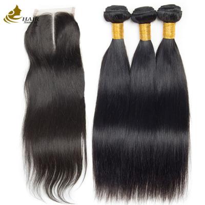 China OEM 18 Inches Natural Black Straight 100% Raw Virgin Human Hair Bundles With Closure for sale
