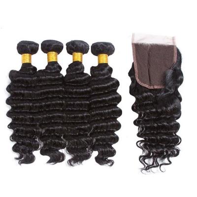 China 12A Grade Deep Wave 100 Virgin Human Hair Bundles 95-100g With Closure for sale