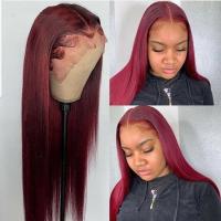 China 130% Density 99J Color Virgin Human Hair Front Lace Wig Straight Customized Human Hair Wigs for sale