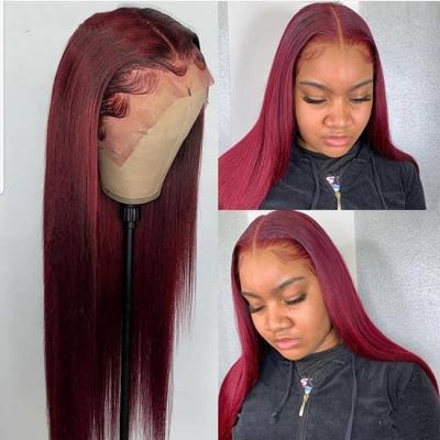 China 130% Density 99J Color Virgin Human Hair Front Lace Wig Straight Customized Human Hair Wigs for sale