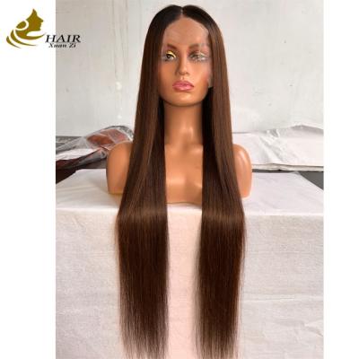 China 4# Color 28inch Straight 100% Virgin Human Hair 13*4 Front Lace Human Hair Lace Wig for sale