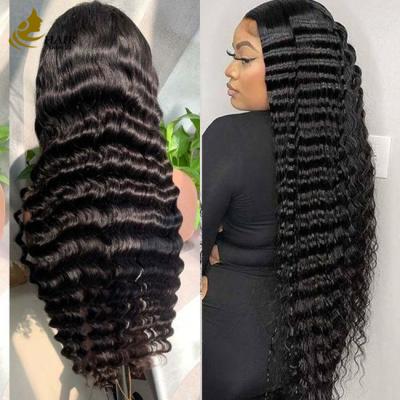 China Deep Curly Wave Customized Human Hair Wigs Natural Black Virgin Hair 13*4 Front Lace Wig for sale