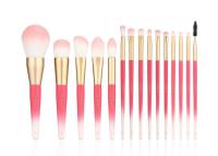 China Vonira 15 Pieces Makeup Brushes Set Gold Ferrule Gradient White Pink Color for sale