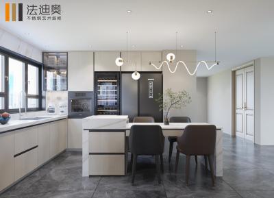 China Light Wood Grain Stainless Steel Kitchen Cabinets with Quartz Countertop for sale