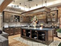 China Dark Wood Stainless Steel Kitchen Cabinets with Island and LED Lighting for sale