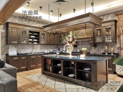 China Dark Wood Stainless Steel Kitchen Cabinets with Island and LED Lighting for sale