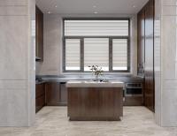 China Teak Wood Grain U-Shaped Stainless Steel Kitchen Cabinets with Quartz Countertop for sale