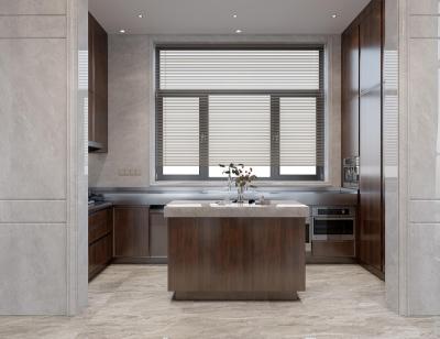 China Teak Wood Grain U-Shaped Stainless Steel Kitchen Cabinets with Quartz Countertop for sale