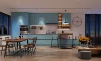 China Lake Blue European Kitchen Cabinets with Quartz Countertop | Stainless Steel for sale