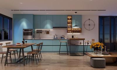 China Lake Blue European Kitchen Cabinets with Quartz Countertop | Stainless Steel for sale