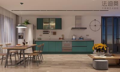 China Pine Green Single-Line Kitchen Cabinet with Quartz Countertop for sale