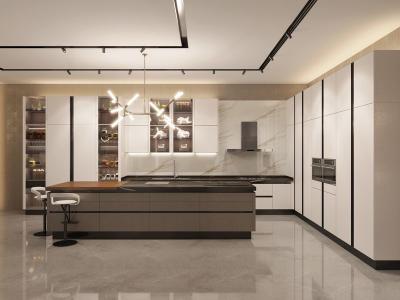 China White Stainless Steel Kitchen Cabinets with Dark Wood Accents and Island for sale
