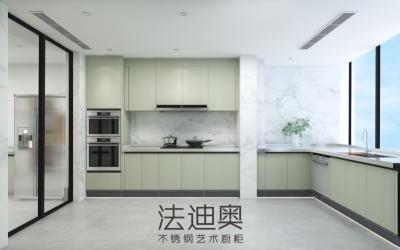 China Mung Bean Gray Stainless Steel Kitchen Cabinets With White Marble for sale