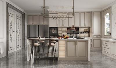 China Beige French Kitchen Cabinets with White Marble Island for sale