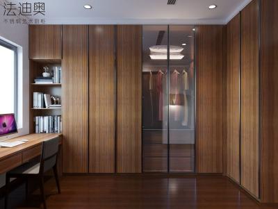 China Dark Wood Stainless Steel Wardrobe with Glass and Integrated Desk for sale