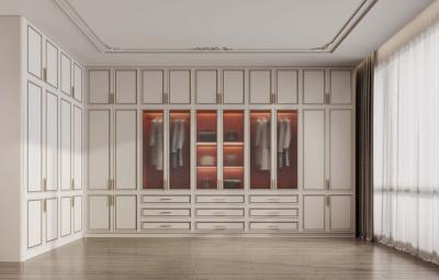 China French Style Custom Walk-In Closet with Cream Doors & Gold Trim for sale